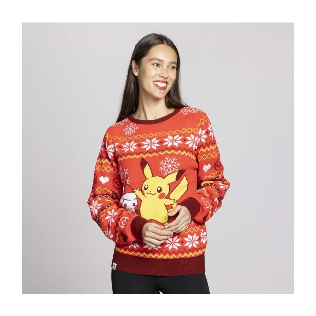Pikachu Holiday Friend Red Knit Sweater - Adult | Pokémon Center UK ...