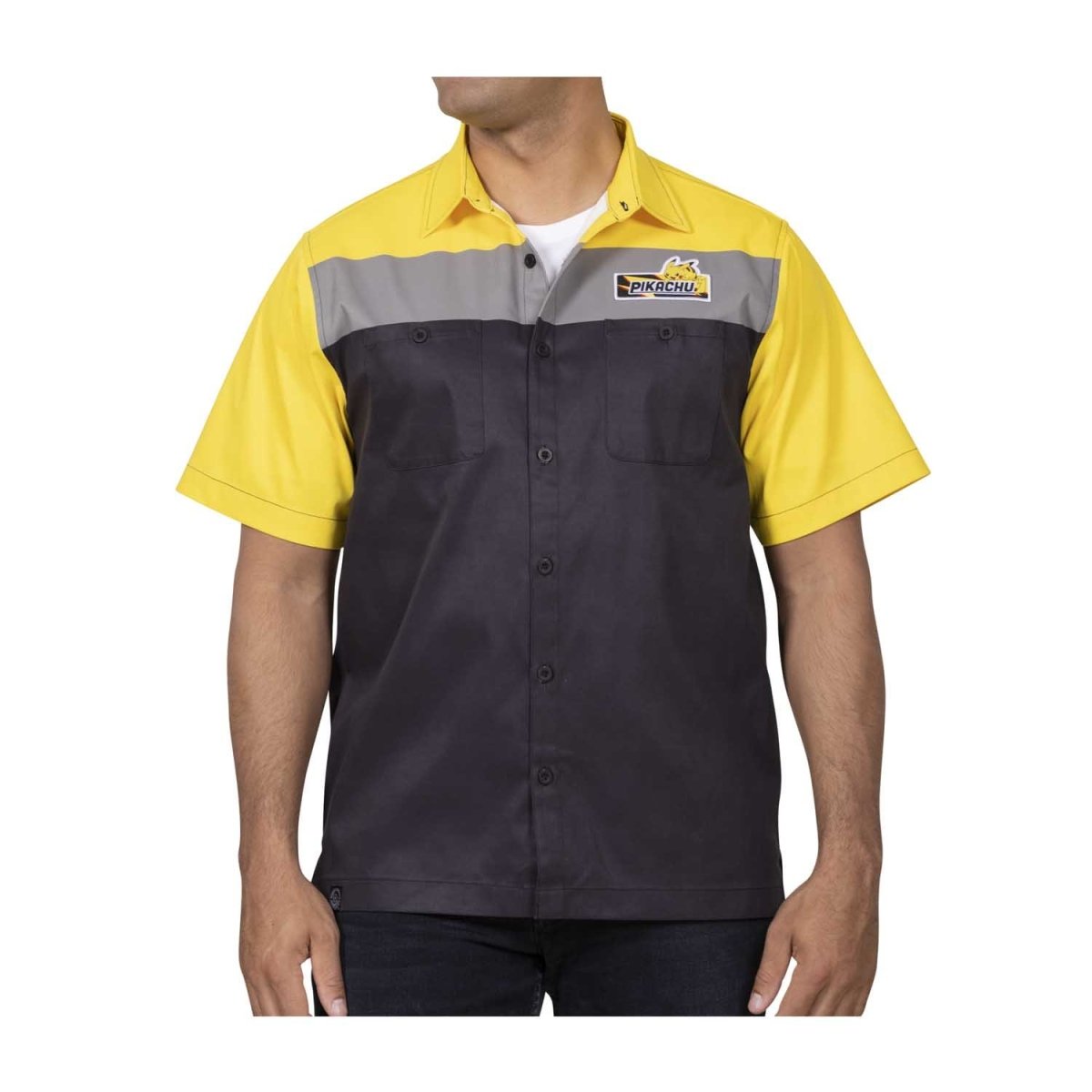 Pikachu Racing Color Block Black Button-Up Short-Sleeve Shirt - Adult ...