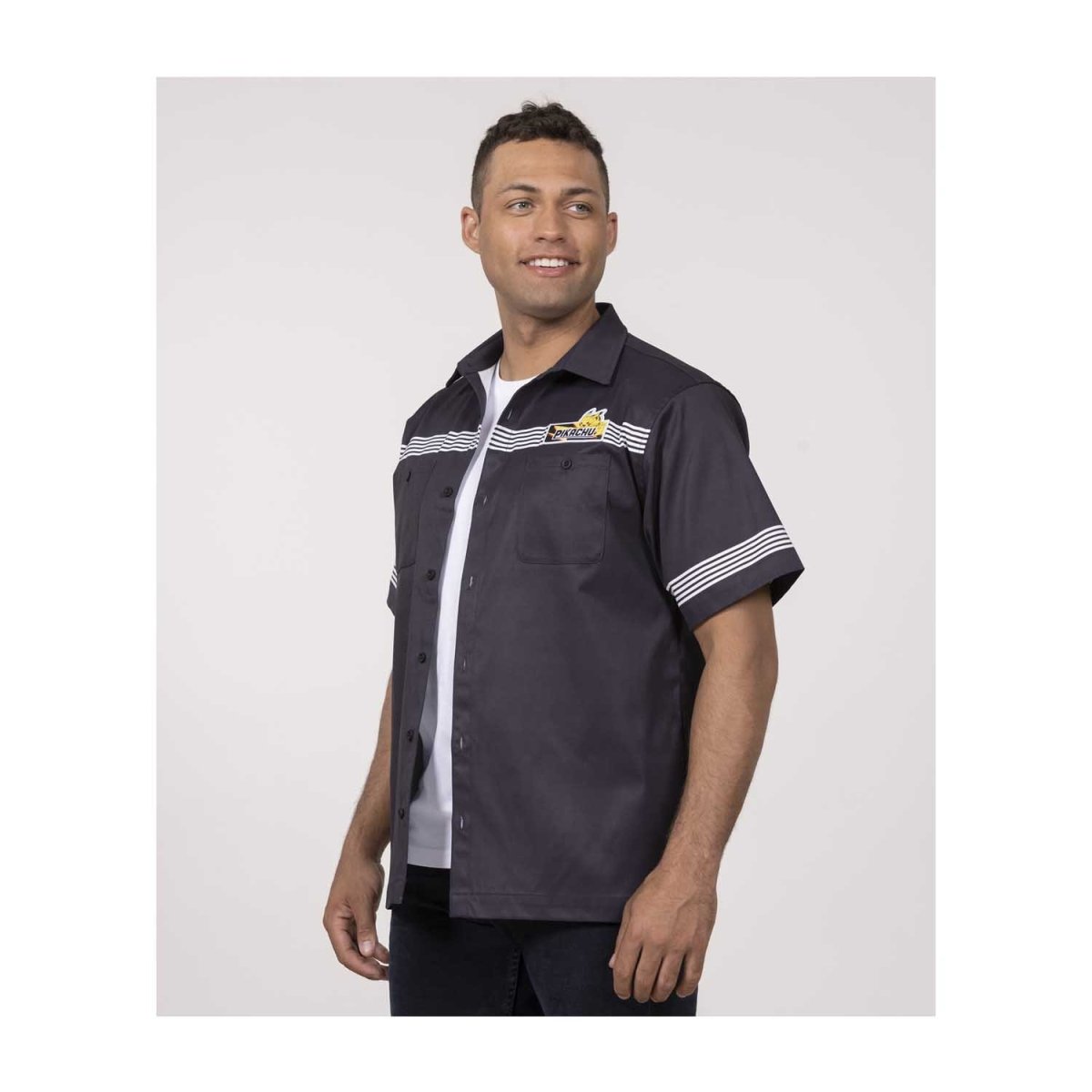 Pikachu Racing Black Short-Sleeve Button-Up Shirt - Adult | Pokémon ...