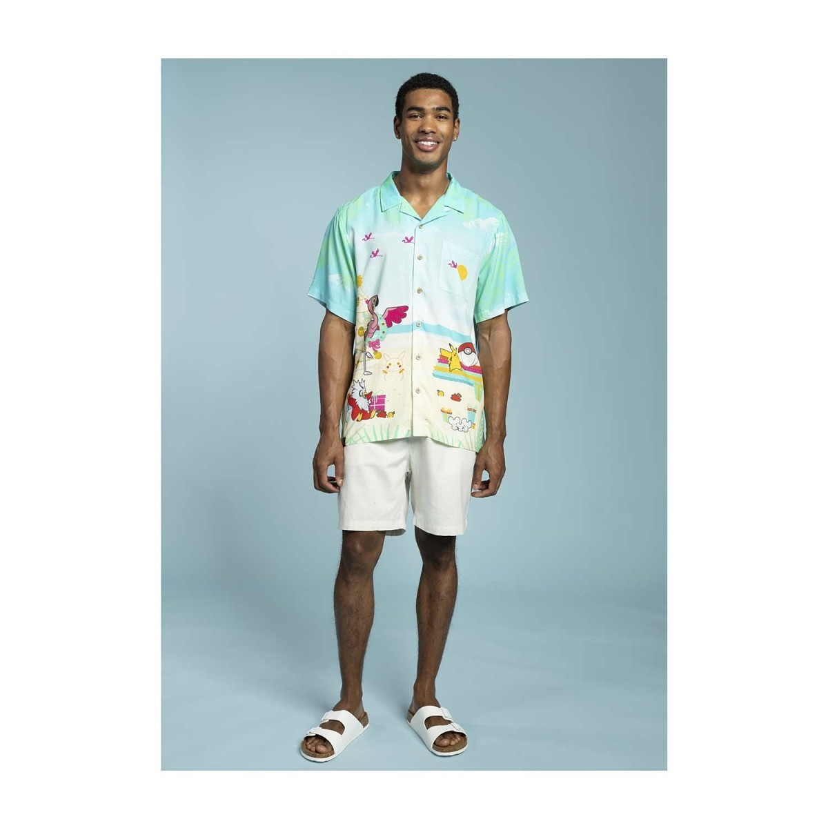 Pokémon Holiday Blue Relaxed Button-Up Shirt - Adult | Pokémon Center ...